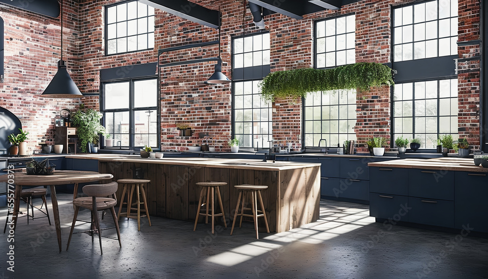 Kitchen in the loft style, characterized by an open and spacious layout ...