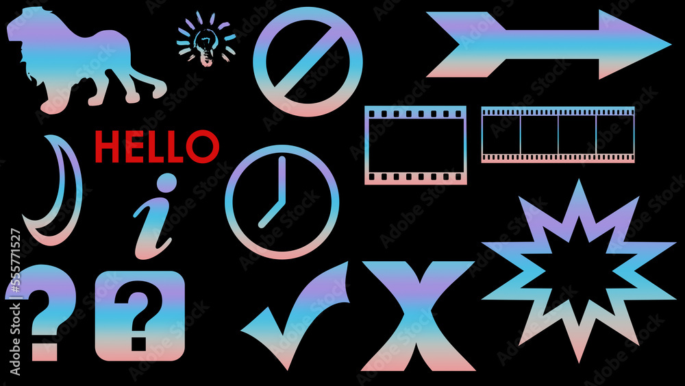 Various symbols, signs and marks with gradient fill isolated on black ...