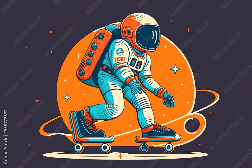 Cartoon icon image of an astronaut skating on roller skates. Science ...