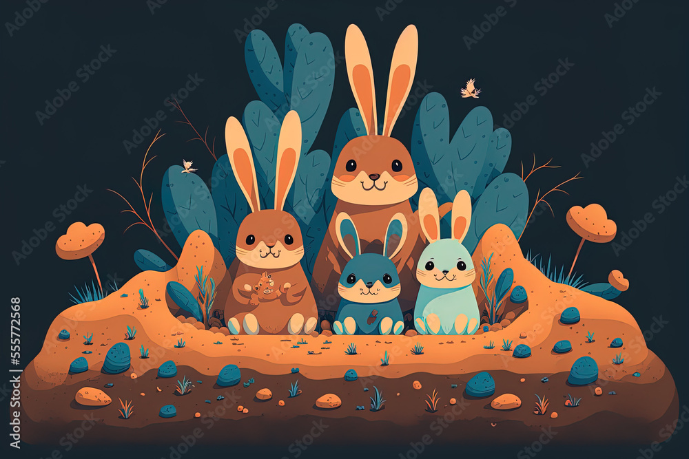 Cartoon flat image of a rabbit family living underground in burrows ...