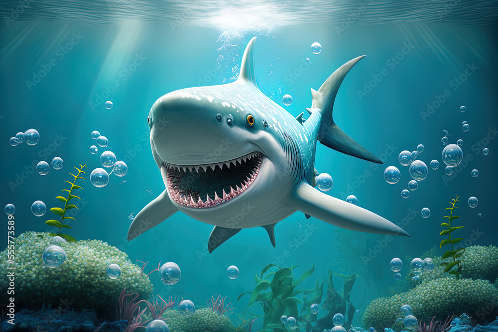 Cartoon shark in an aquatic setting. Generative AI Stock Illustration ...