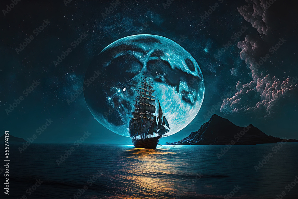 Big Starry Full Moon Seas at Night and Sailboat. Fanciful Background ...