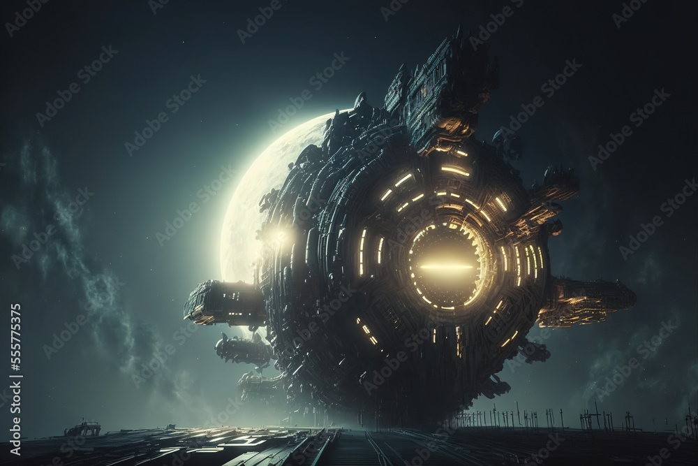 A huge alien futuristic megastructure spaceship on a planet with a moon ...