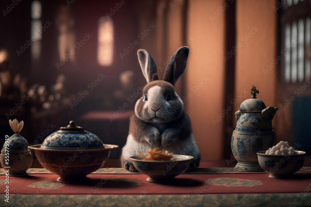 fluffy little bunny seated in front of a plate of traditional chinese ...