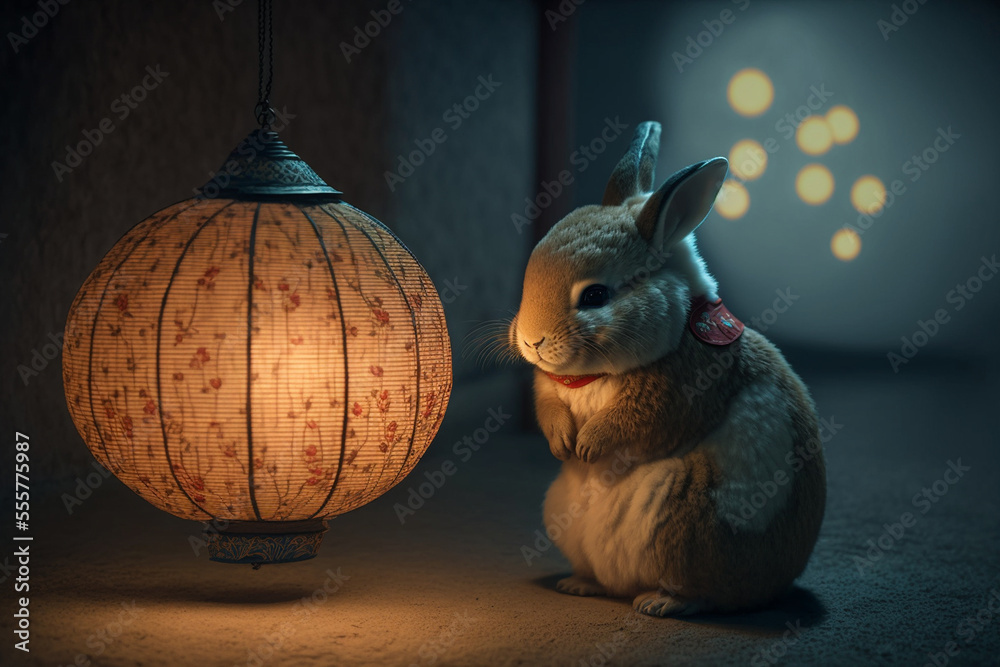 cute little rabbit sitting next to a traditional chinese lamp or ...