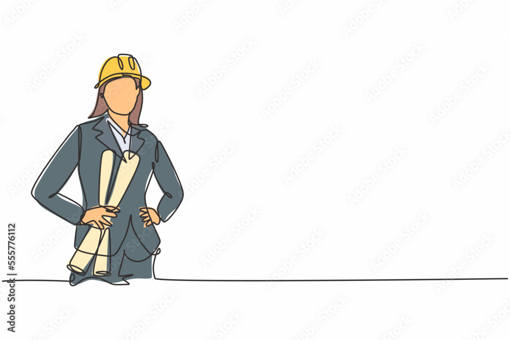 Single continuous line drawing of young beautiful female architect on ...