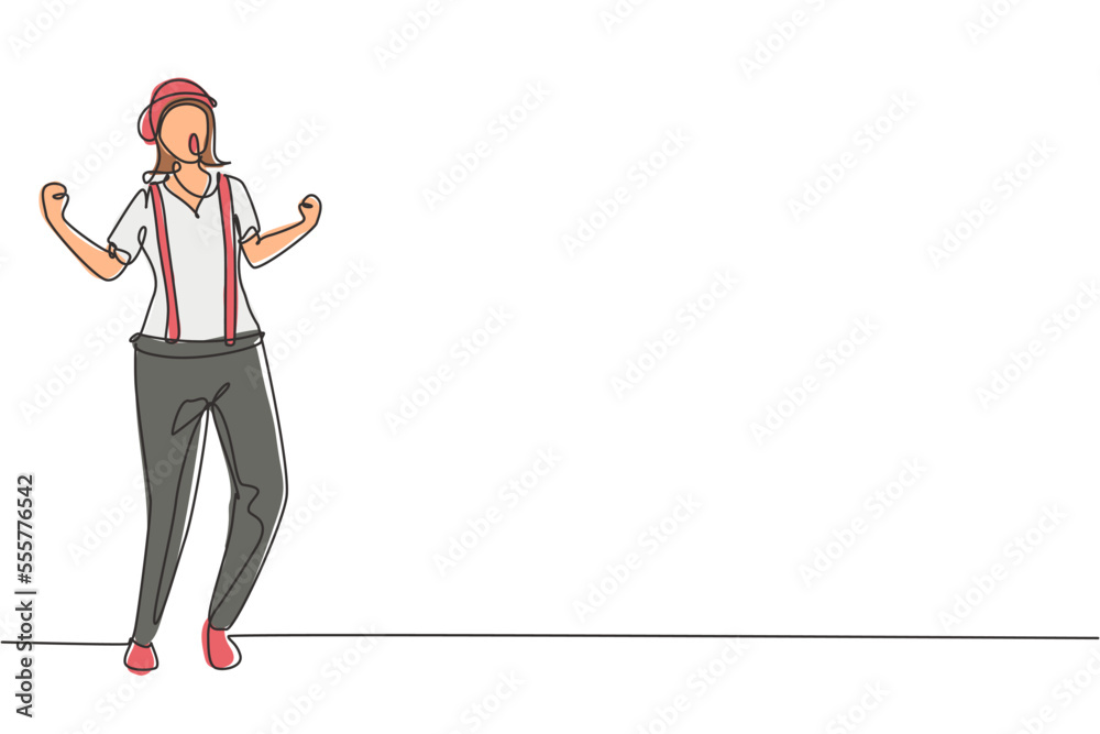 Single continuous line drawing female mime artist stands with celebrate ...