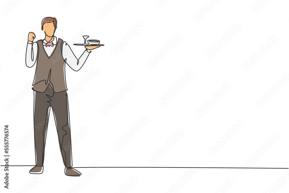 Continuous one line drawing waiter stood up with celebrate gesture and ...