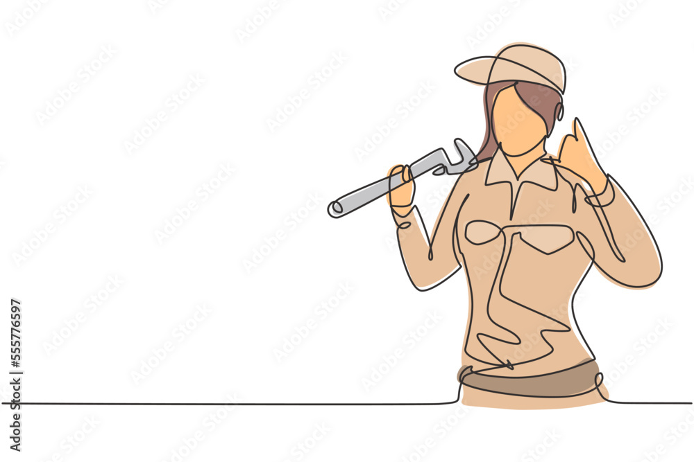Single one line drawing female plumber with call me gesture ready to ...