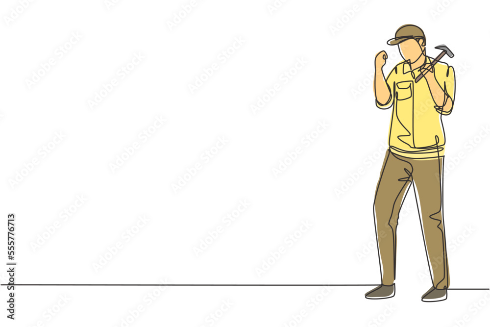 Single one line drawing carpenter standing with celebrate gesture works ...