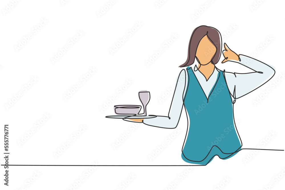 Continuous one line drawing waitress with call me gesture and brought a ...