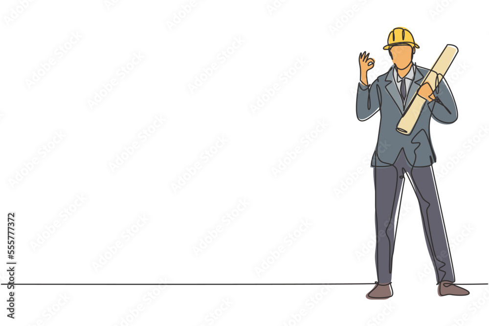Continuous one line drawing architect stood with gesture okay and ...