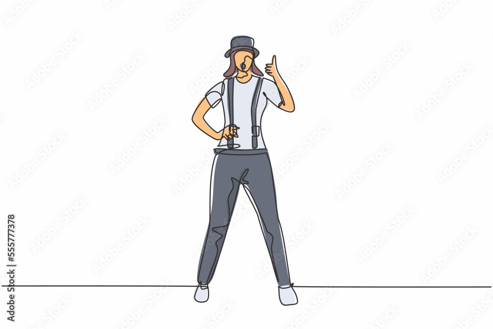 Vetor de Continuous one line drawing female mime artist stands with a ...