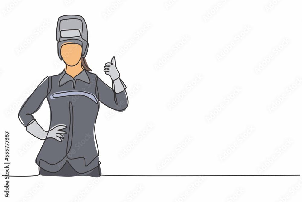 Single continuous line drawing female welder with a thumb-up gesture ...
