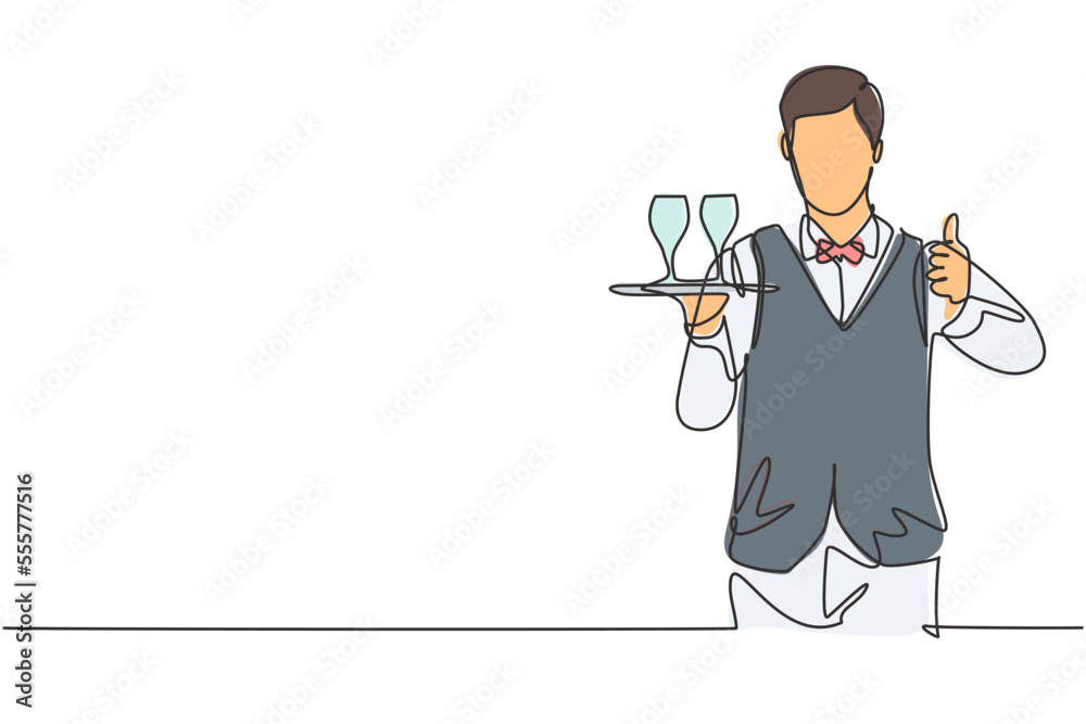 Single continuous line drawing waiter with a gesture raised his thumb ...