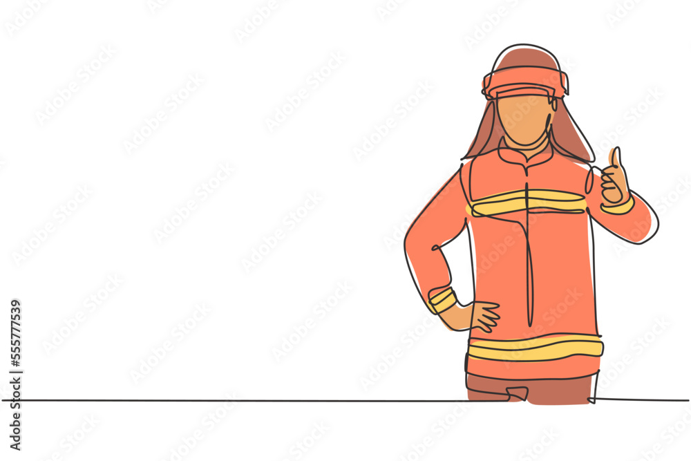 Single continuous line drawing firefighters in uniform complete with a ...