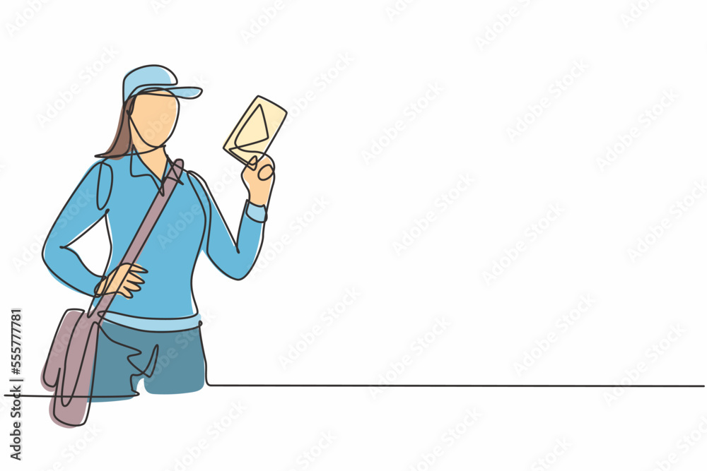 Single one line drawing young mail woman hold letter and posing with ...
