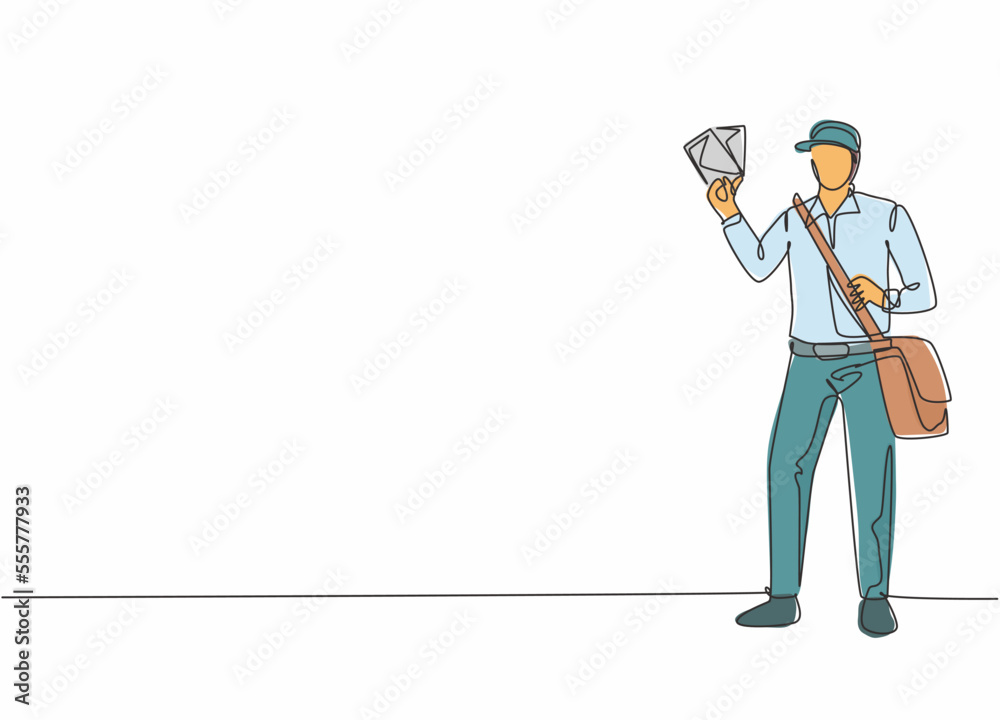 Continuous one line drawing of young mailman pose standing and holding ...
