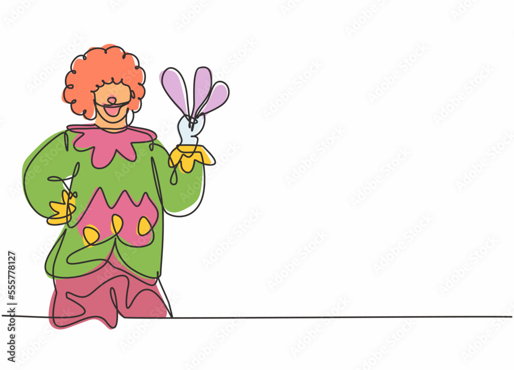 Single continuous line drawing of young funny male clown holding ...