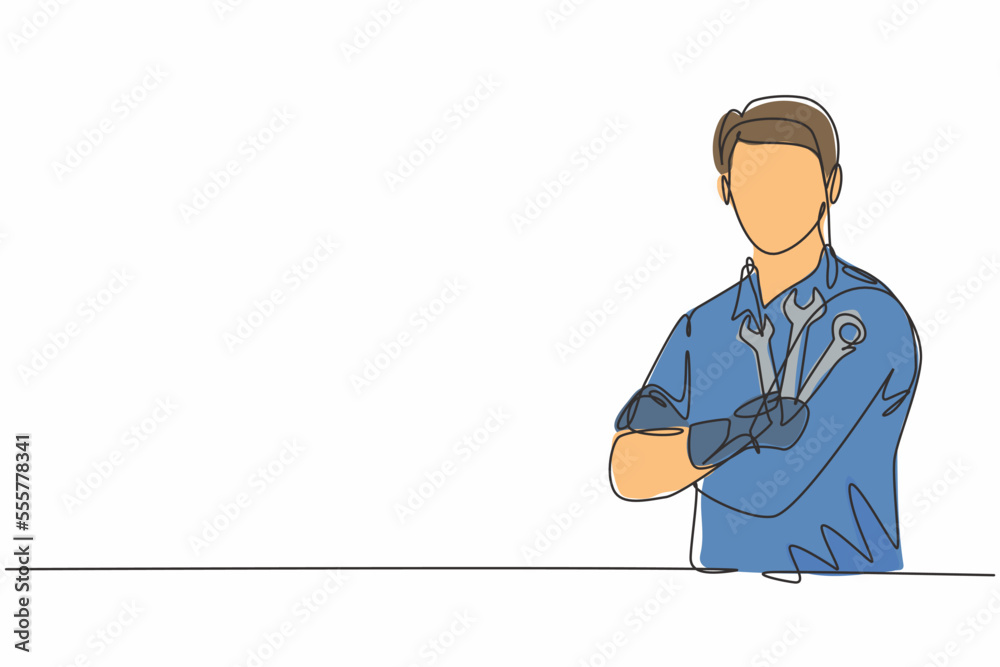 Single one line drawing of young male mechanic posing cross arm on ...