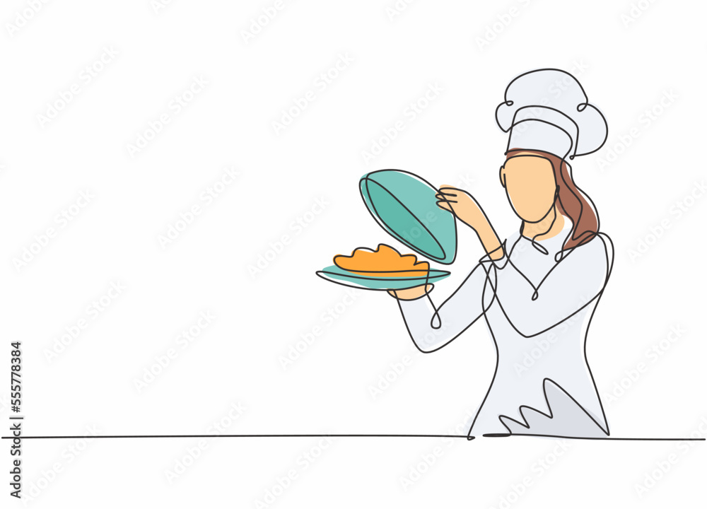 Single one line drawing young attractive female chef serving delicious ...