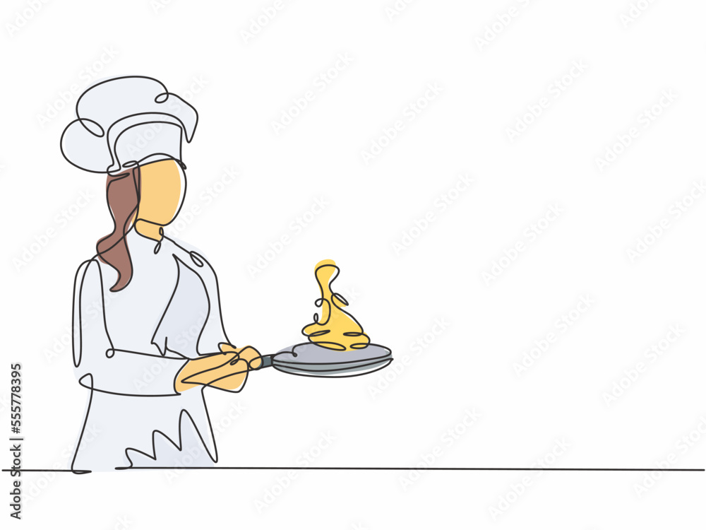 Single continuous line drawing of young confident beauty female chef ...