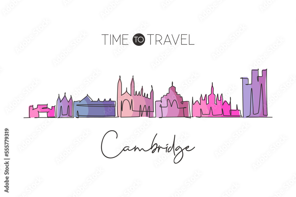 One continuous line drawing of Cambridge city skyline, England ...