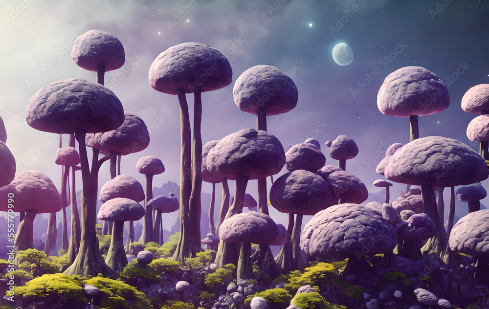 Symbiosis between alien plants and fungi in other planet Stock ...