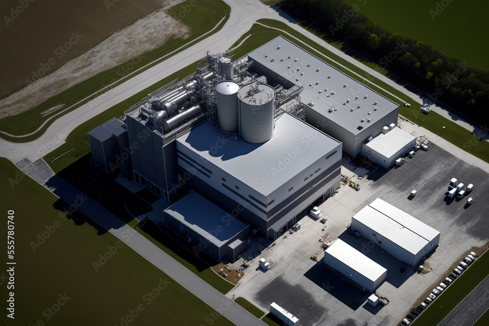 An aerial view of a contemporary manufacturing building used in the ...