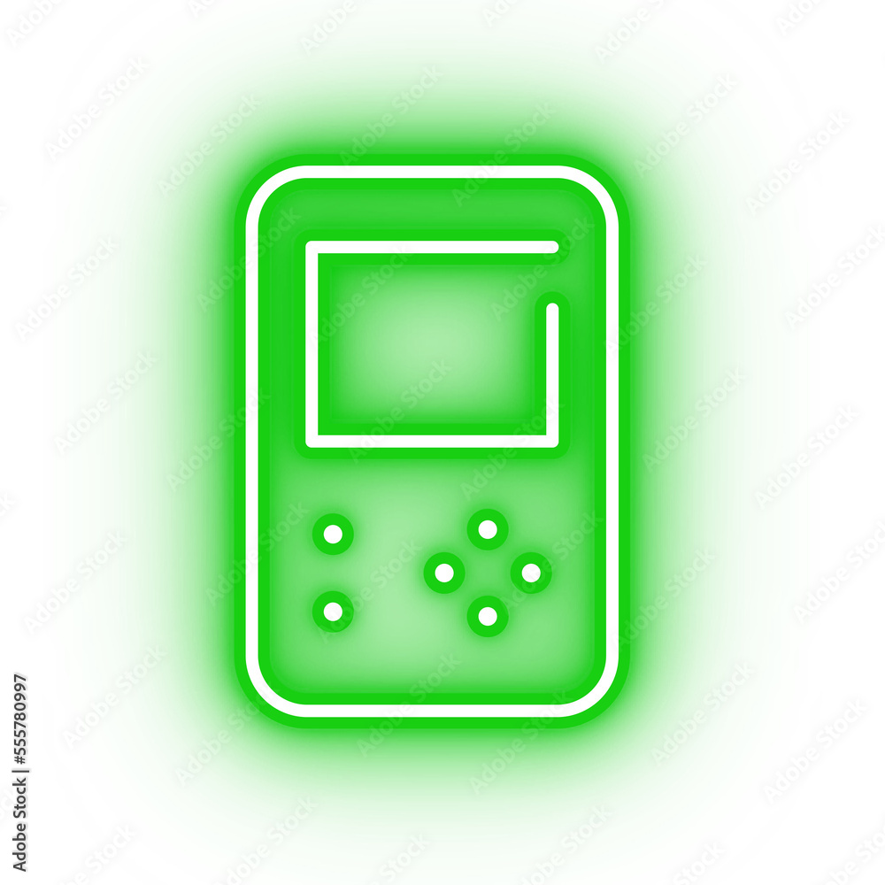 Neon green gameboy, glowing retro game icon on transparent background ...