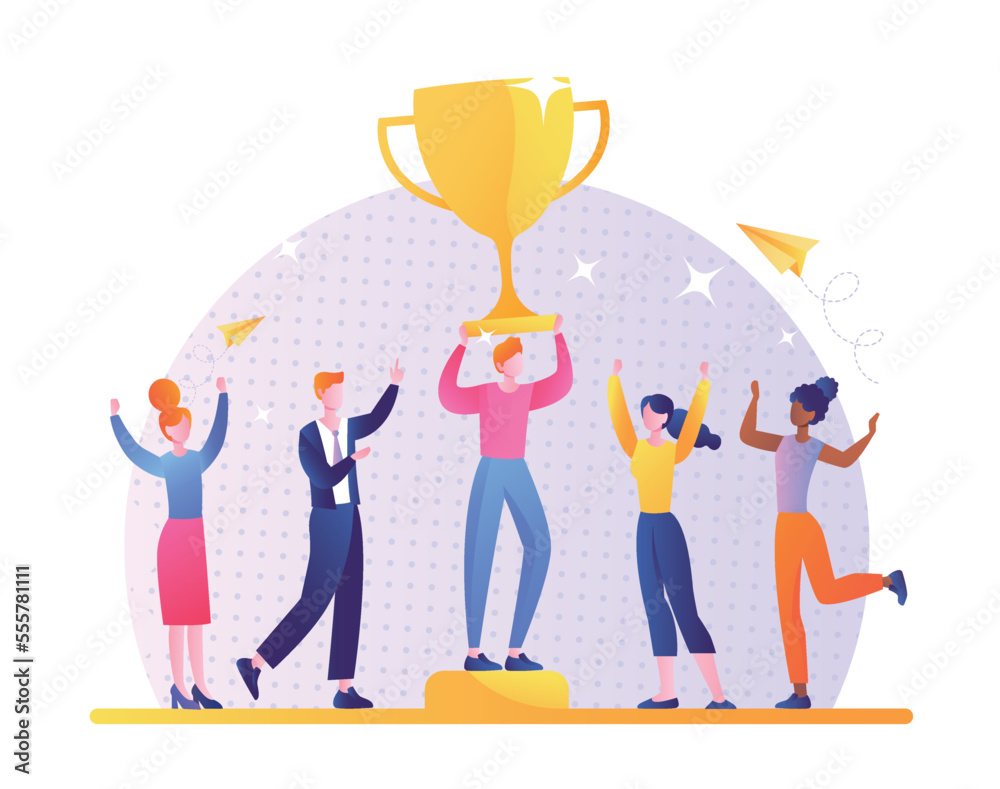 Winners prize concept. Man on pedestal or podium with golden cup ...