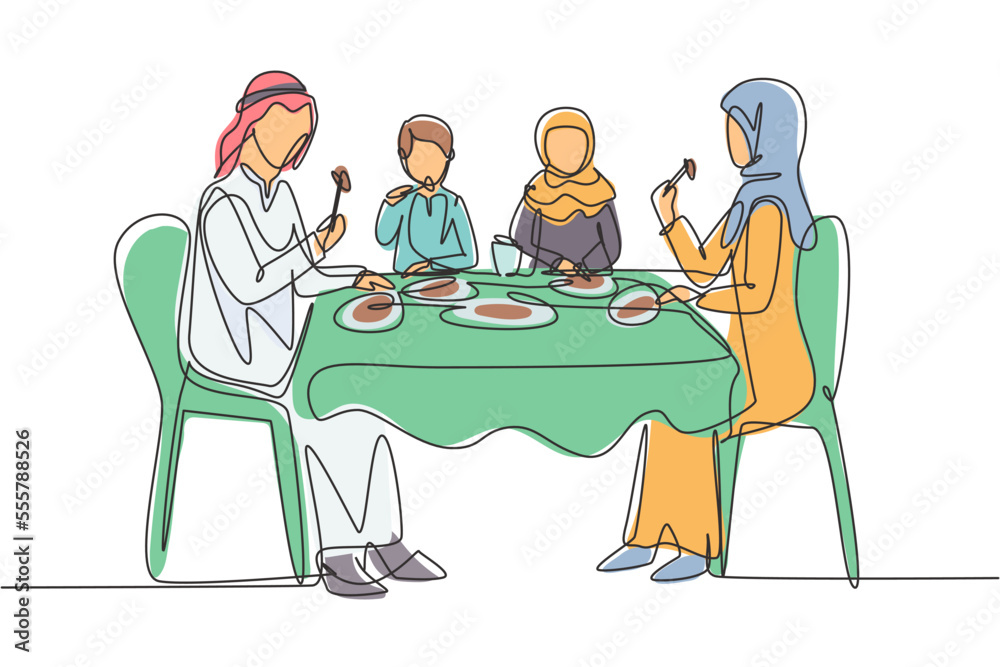 Vetor de Continuous one line drawing Arabian family eating meal around ...