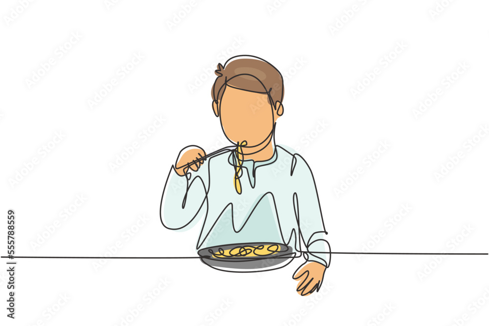 Single one line drawing young Arab boy having spaghetti meal with ...