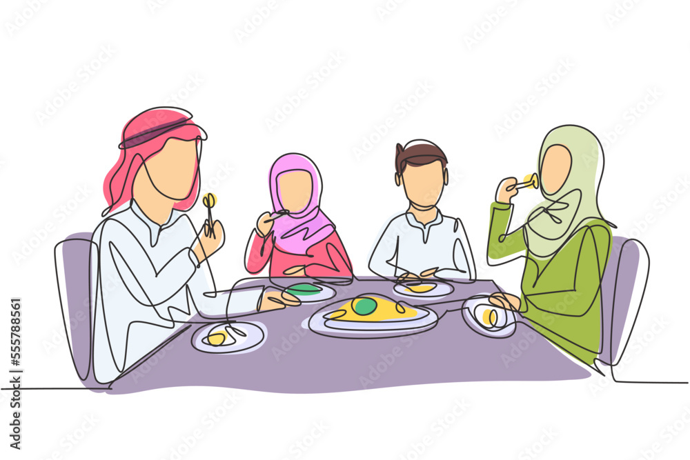 Single one line drawing diner Arabian parents and children together ...