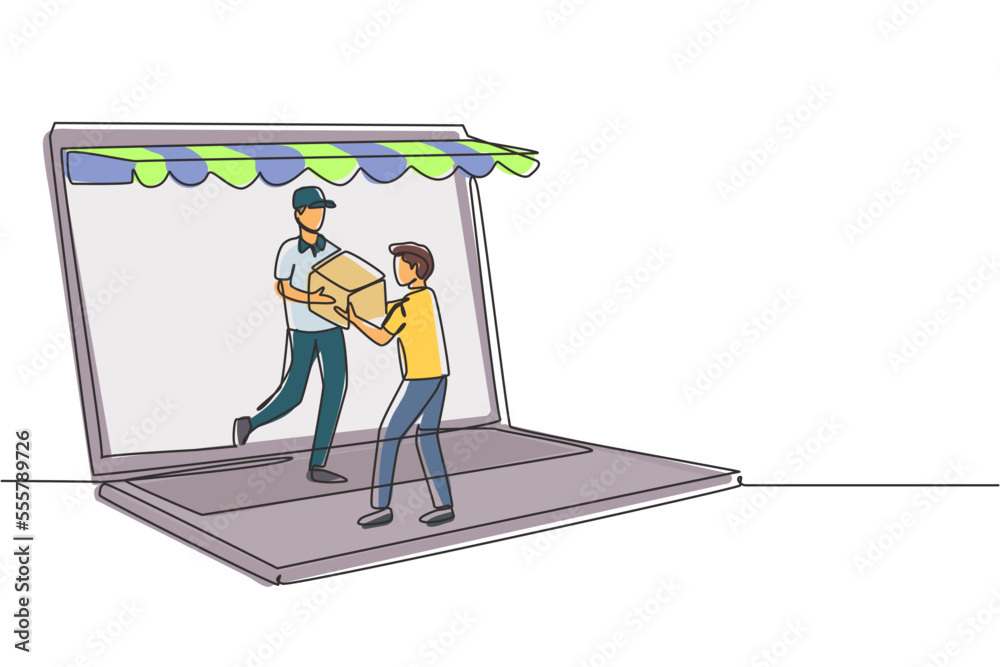 Continuous one line drawing male courier comes out of canopy monitor ...