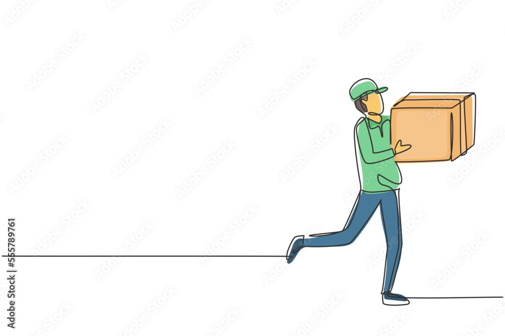 Single one line drawing courier carrying box package. E-commerce ...