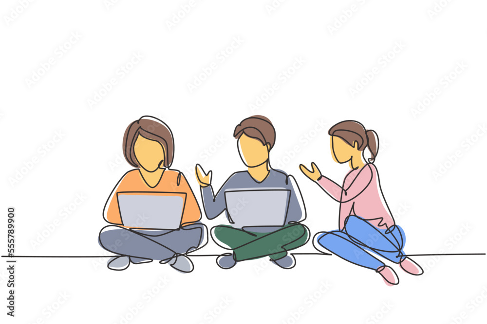 Single continuous line drawing three students studying with laptop and ...