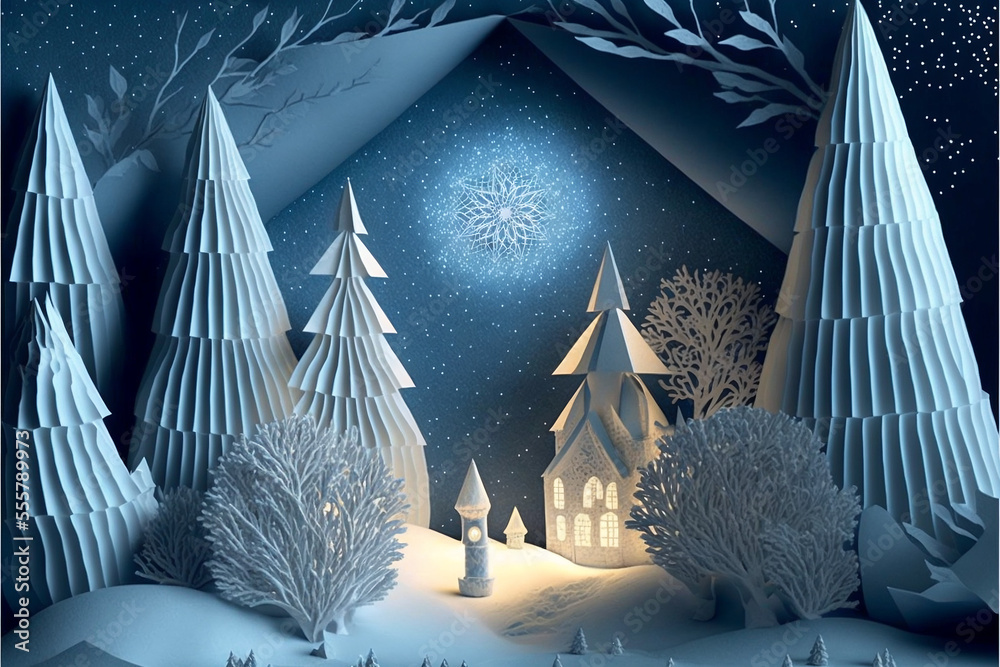 Blue and White Papercraft Winter Scene Winter Wonderland covered in ...