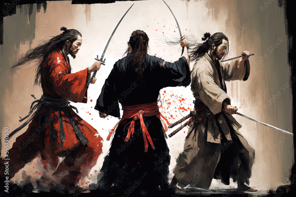 Two Asian males with long hair are being trained in martial arts by two ...