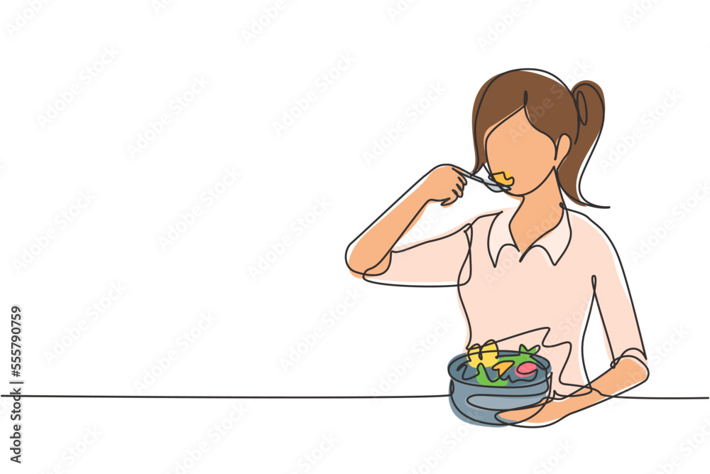 Continuous one line drawing young girl having salad meal with spoon and ...