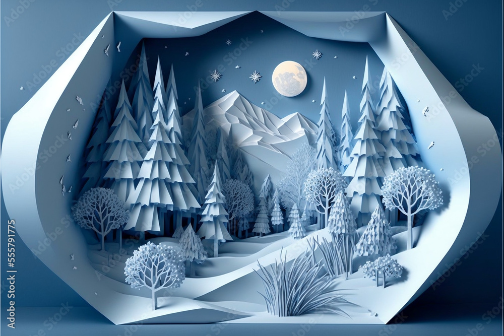 Blue and White Papercraft Winter Scene Winter Wonderland covered in ...