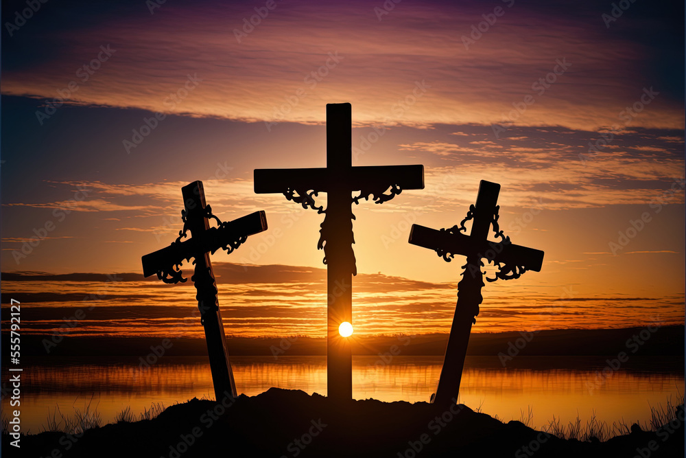 three cross symbols against a dawn on Good Friday. Generative AI Stock ...