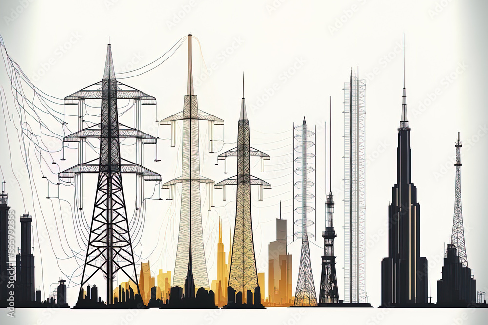 Transmission lines for energy to cities. transmission towers, hanging ...