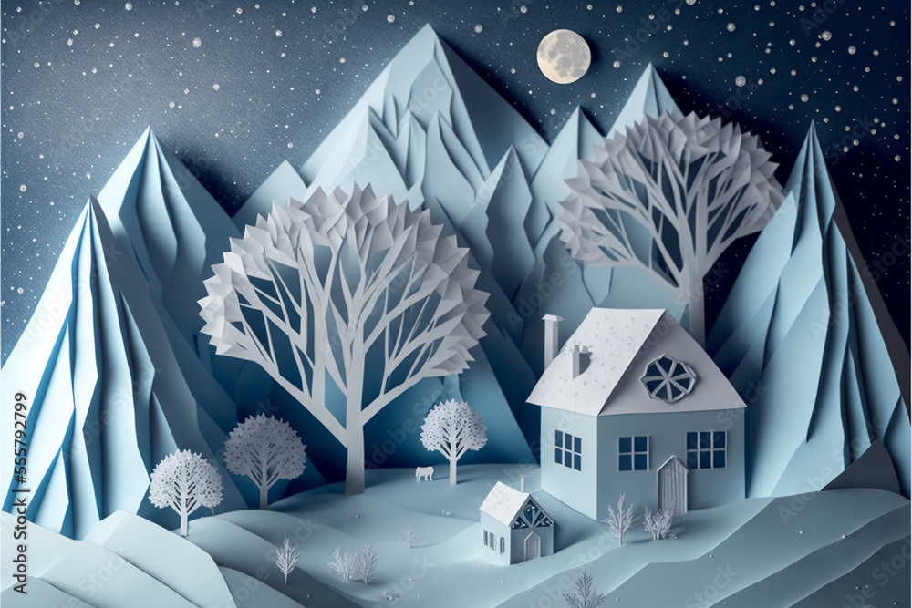 Blue and White Papercraft Winter Scene Winter Wonderland covered in ...