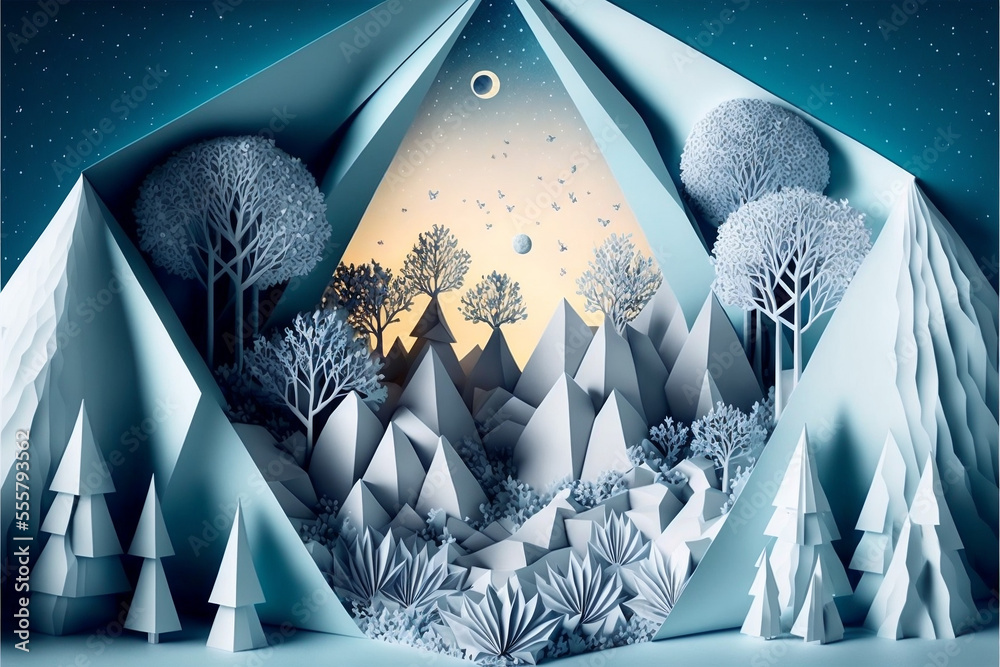 Blue and White Papercraft Winter Scene Winter Wonderland covered in ...