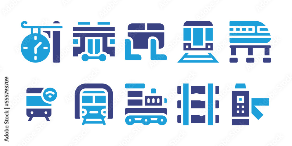 Railway icon set. Vector illustration. Containing clock, train, seats ...
