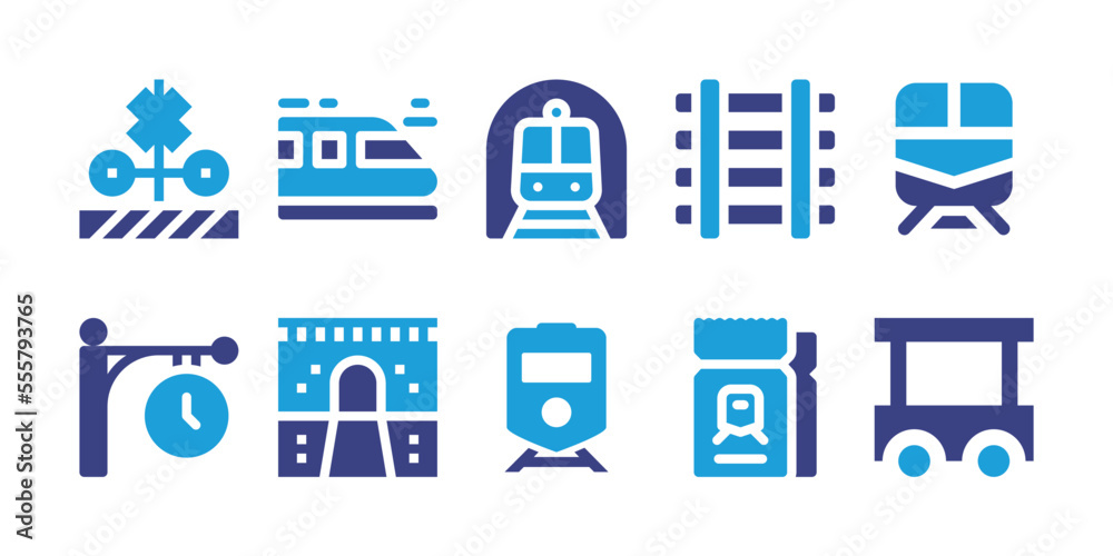 Railway icon set. Vector illustration. Containing level crossing, train ...