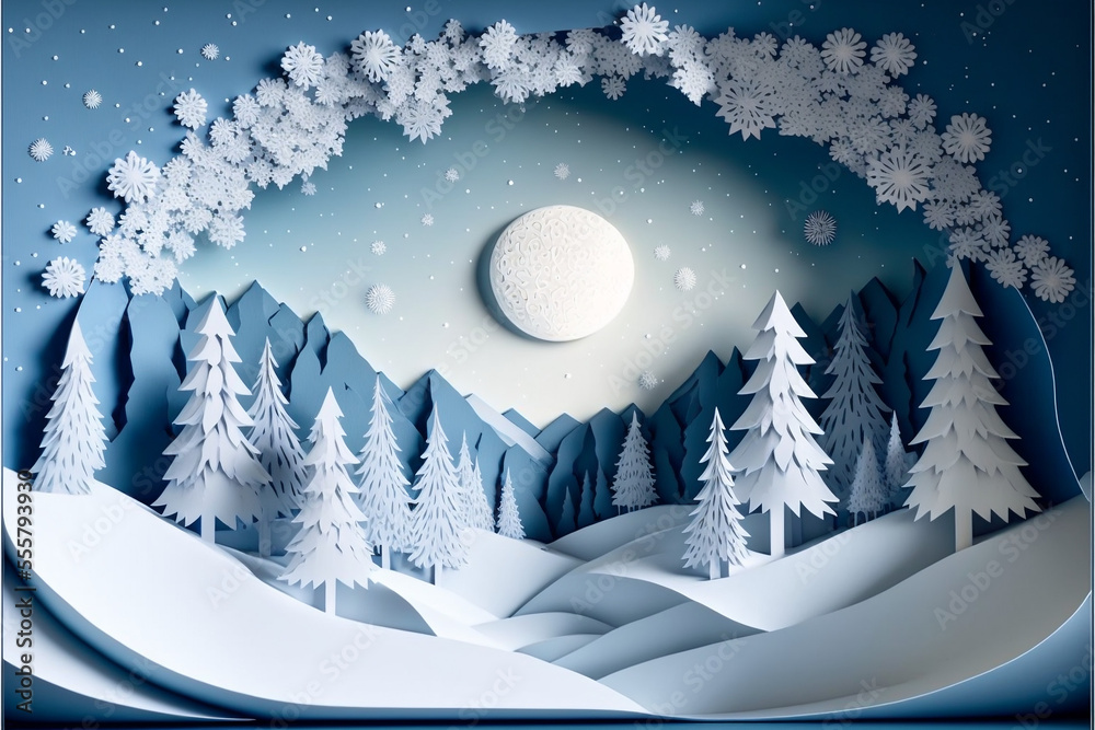 Blue and White Papercraft Winter Scene Winter Wonderland covered in ...
