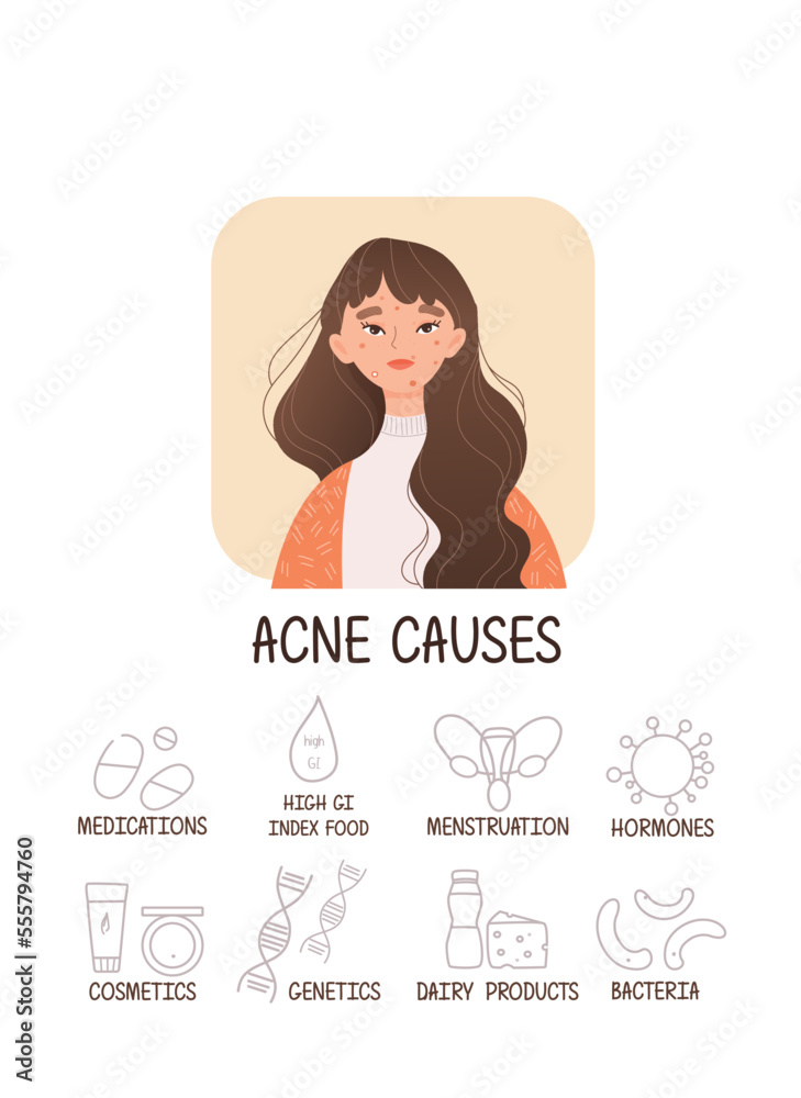 Acne causes concept. Young girl with skin diseases, acne and wrinkles ...