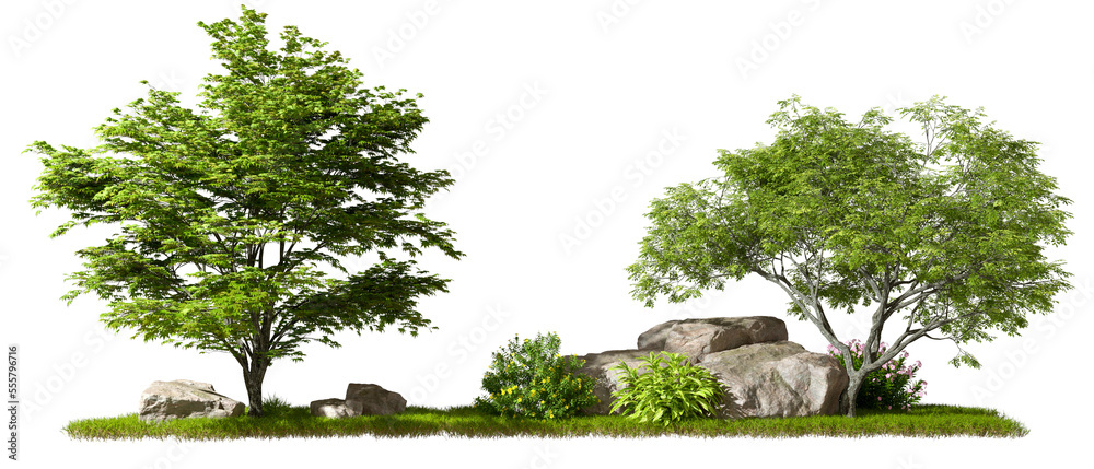 Cut out forest trees composition design on greenery grass 3d rendering ...